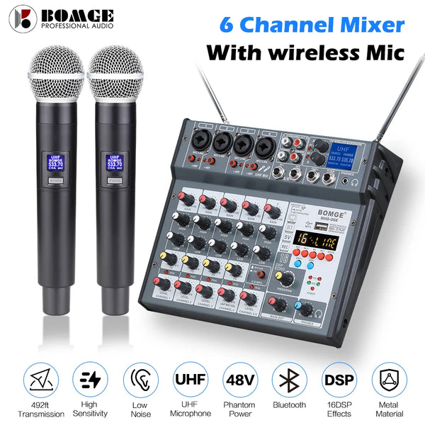 6 Channel Audio Mixer Mixing Console Built-in Microphone UHF Wireless ...